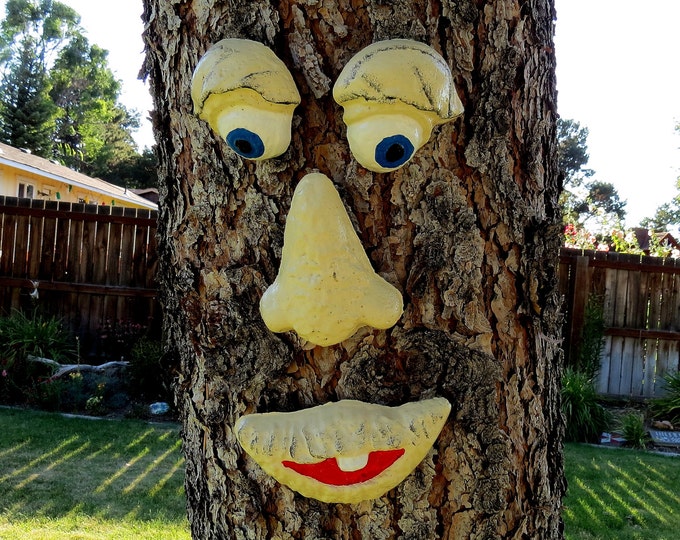 Tree Face, Concrete Tree Face, Hand Painted Tree Face, Fence Art, Yard ...