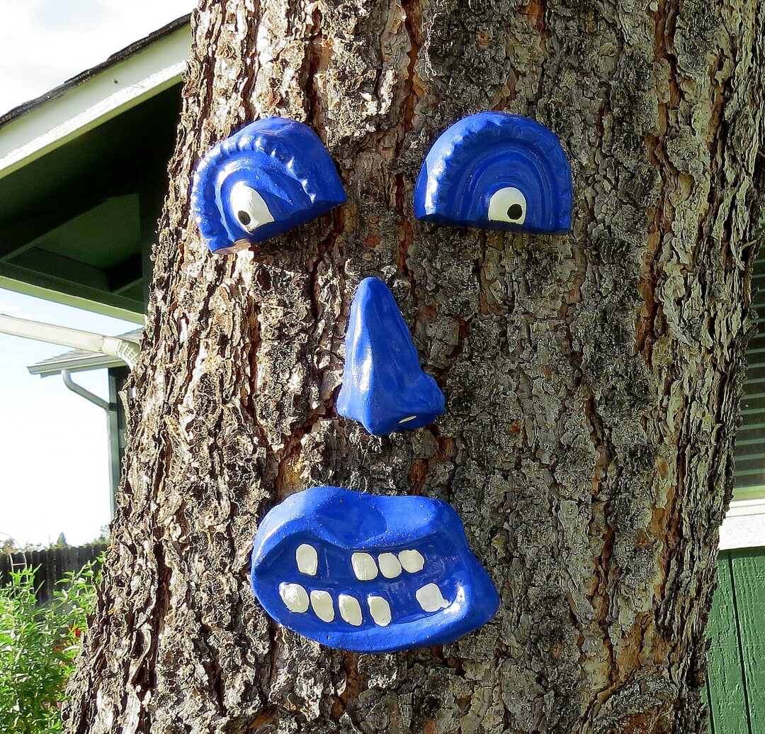 Tree Face, Concrete Tree Face, Hand Painted Tree Face, Fence Art, Yard ...