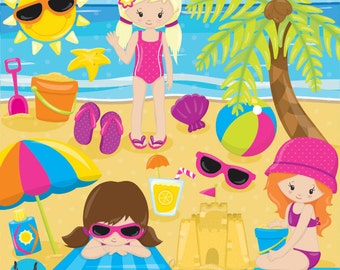 Clipart beach girls | Etsy
