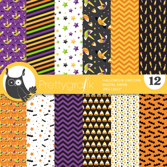 Kawaii Halloween Unicorn digital patterns, scrapbook papers commercial ...