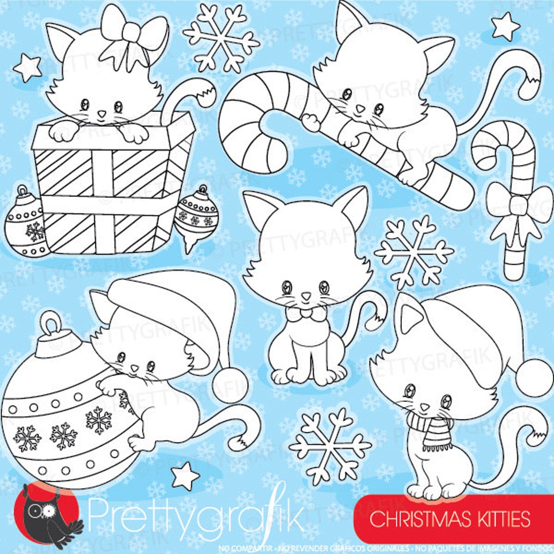 Christmas Cat Digital Stamp Commercial Use, Vector Graphics, Digital ...