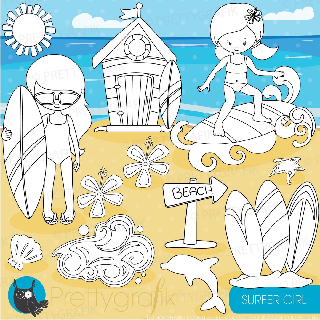 Surfer Girl Digital Stamp Commercial Use, Vector Graphics, Digital ...