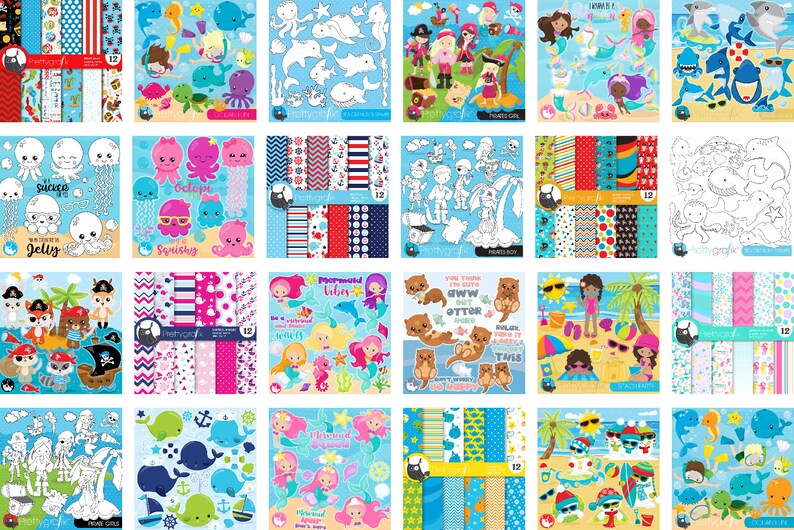 Ocean Fun BUNDLE Graphic Set Mermaid Clipart Commercial Use - Etsy