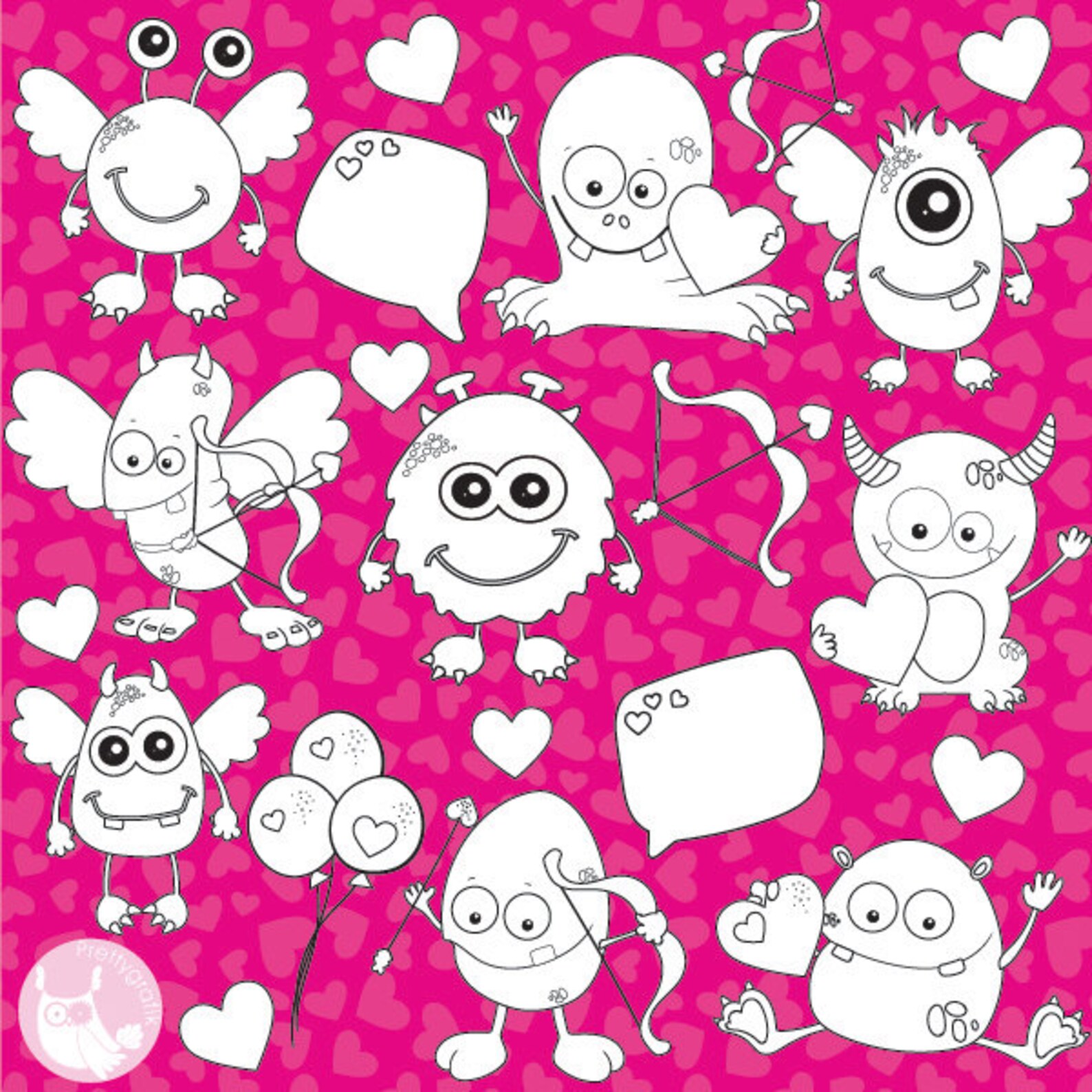 Valentine Monsters Digital Stamp Commercial Use Vector - Etsy