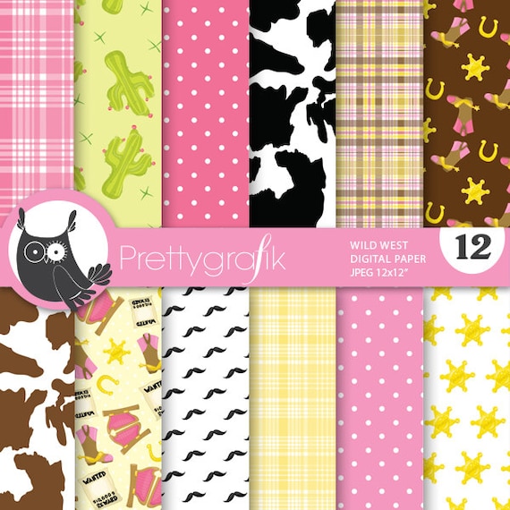 Wild west cowgirl digital paper, commercial use, scrapbook patterns ...