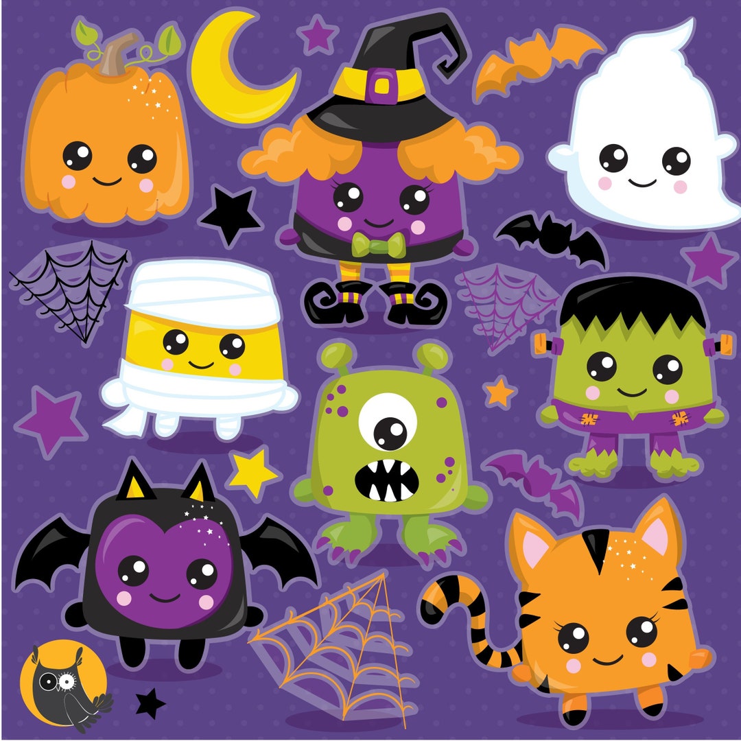 Halloween Characters Clipart, Kawaii Halloween, Commercial Use, Vector ...