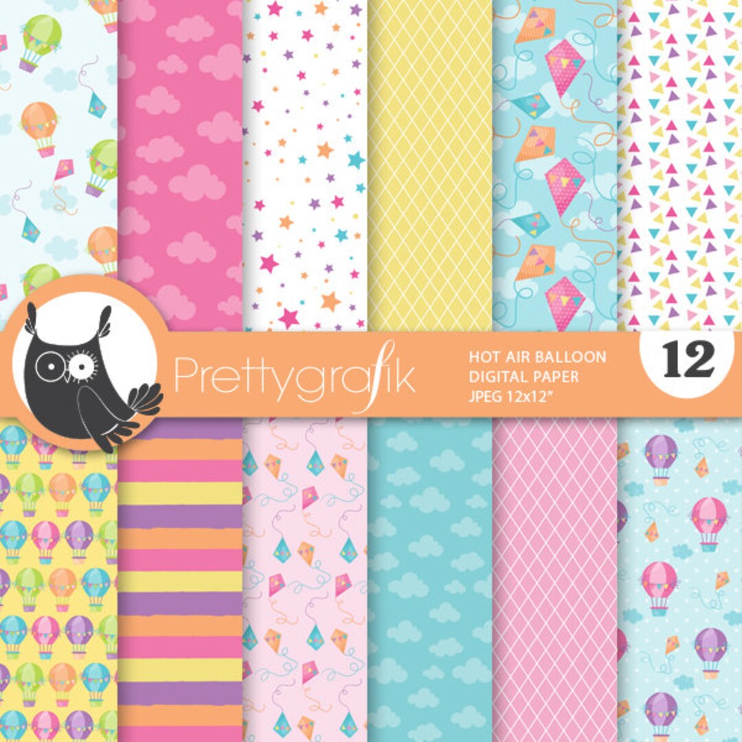 Hot Air Balloons Digital Paper, Commercial Use, Kids Scrapbook Patterns ...