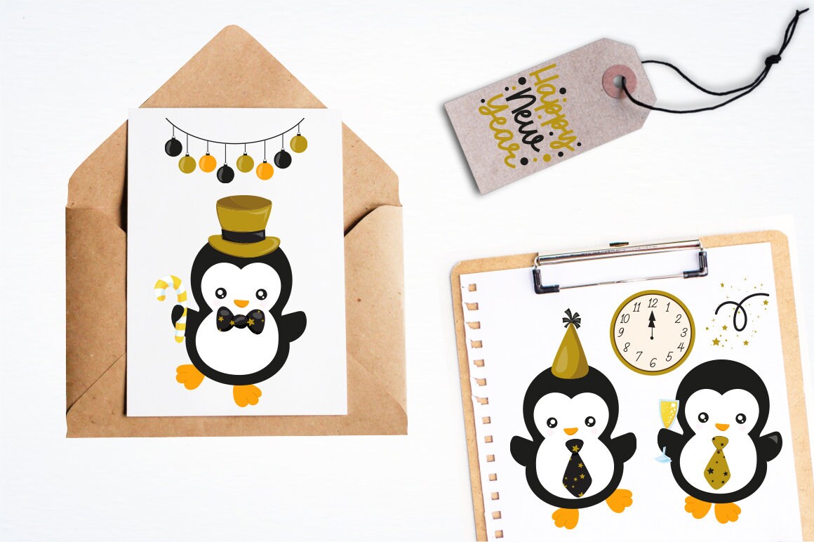 Happy New Year Penguin Clipart Clipart Commercial Use - Etsy
