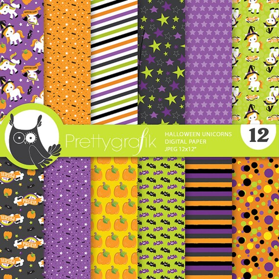 Halloween Unicorn digital patterns, scrapbook papers commercial use ...