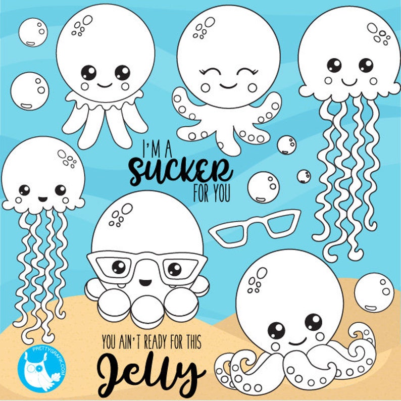 Octopus Digital Stamp Commercial Use Black Lines Vector - Etsy