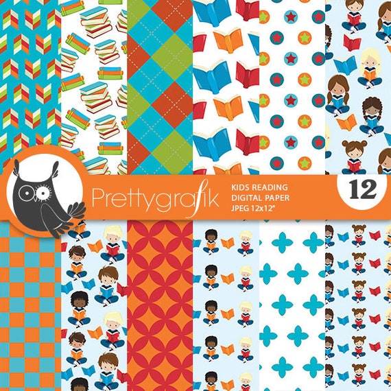 Reading Kids digital patterns, scrapbook papers commercial use, school ...