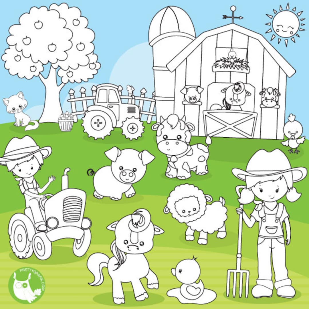 Farm Animals Digital Stamp Commercial Use, Black Lines, Vector Graphics ...