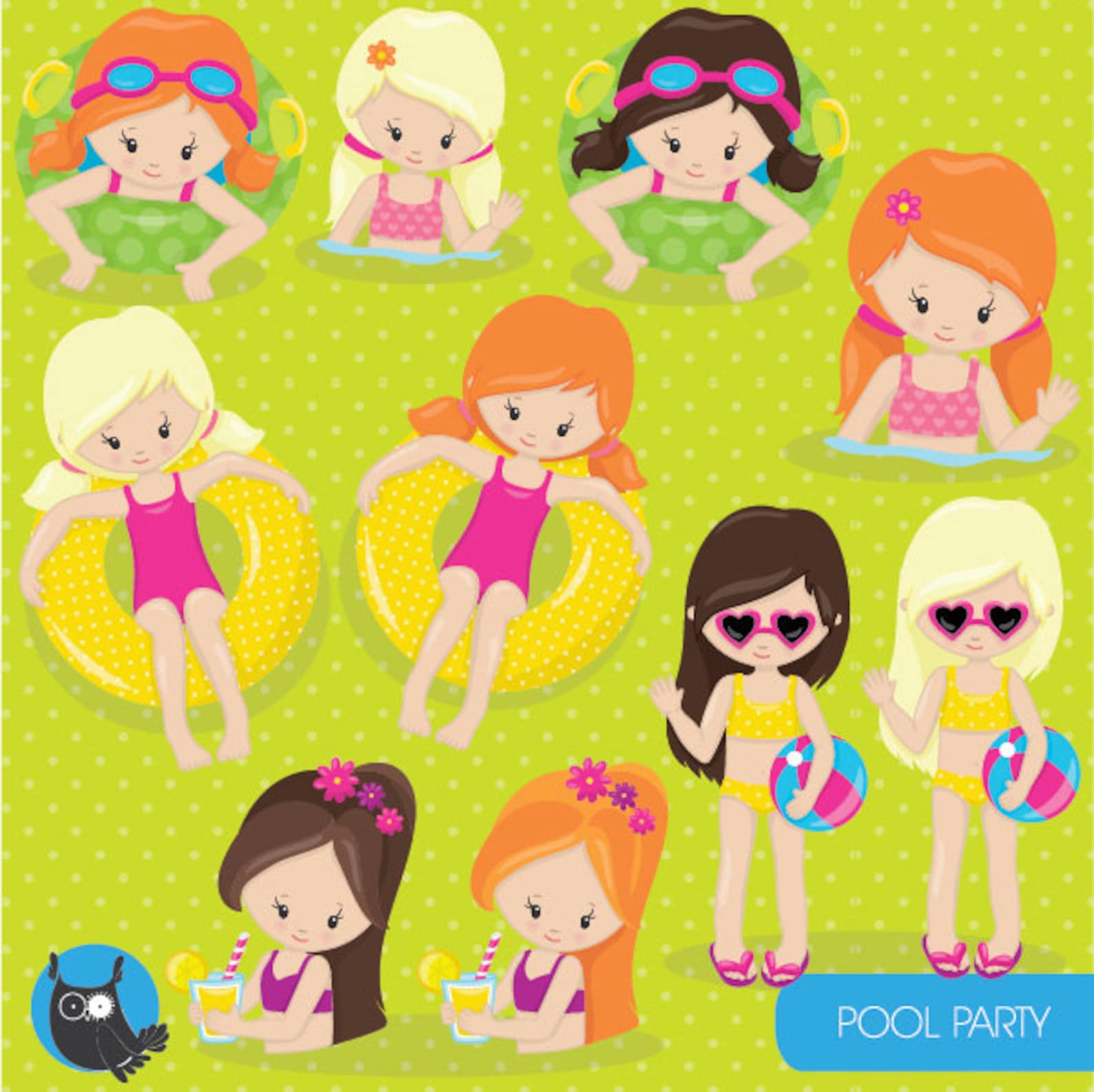 Pool Party Girls Clipart Commercial Use Kids Vector Graphics - Etsy
