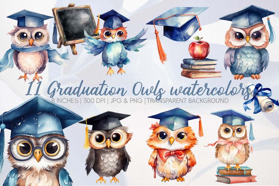 Graduation Owls Clipart Watercolor, Png, Graphics, Printable ...