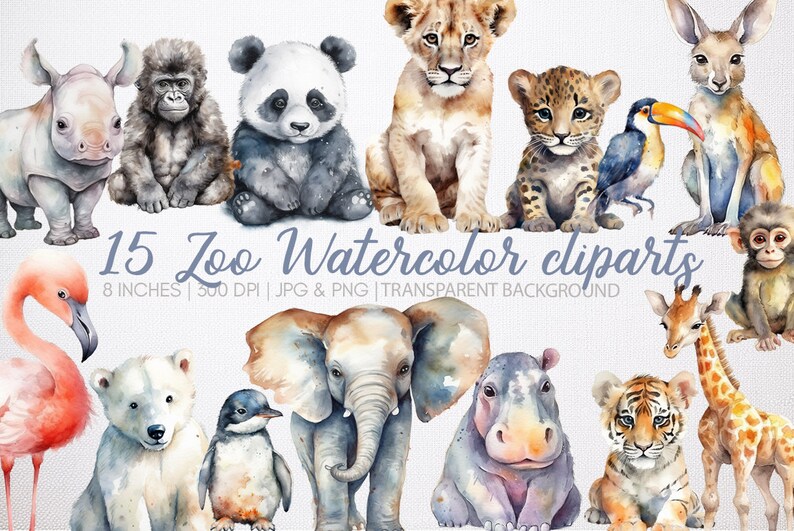 Zoo Animals Watercolor Clipart Clipart Commercial Use - Etsy