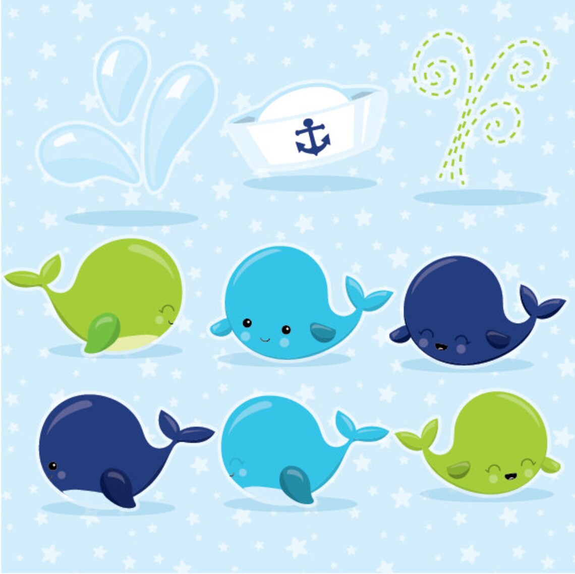 Nautical Whales Clipart Commercial Use Blue Whale Vector - Etsy