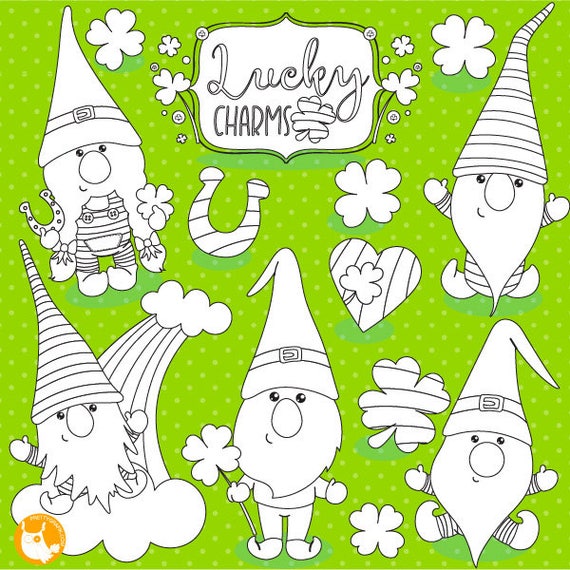 St-Patrick gnome digital stamp commercial use, black lines, vector ...