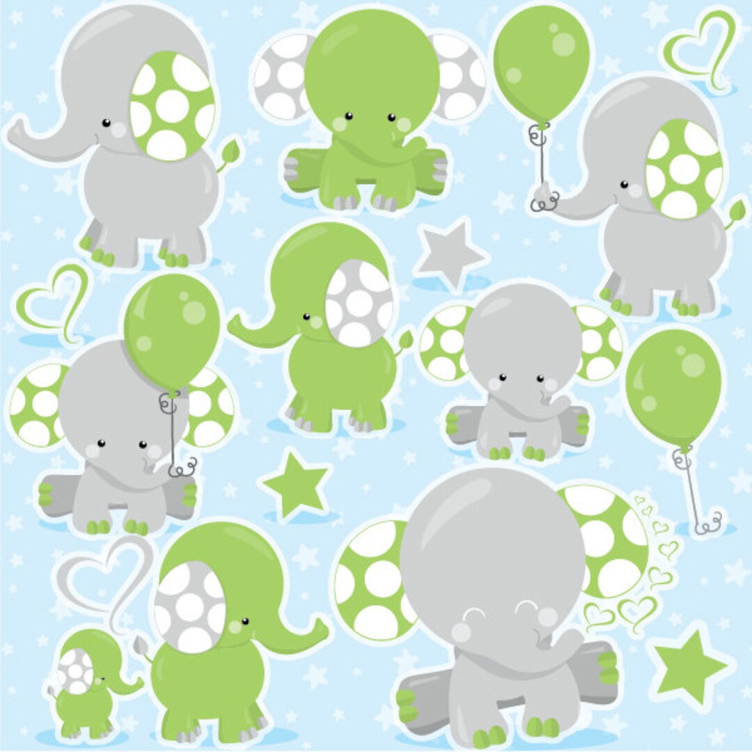 Elephant Clipart, Boy Elephant Clip Art Commercial Use, Green Elephant ...