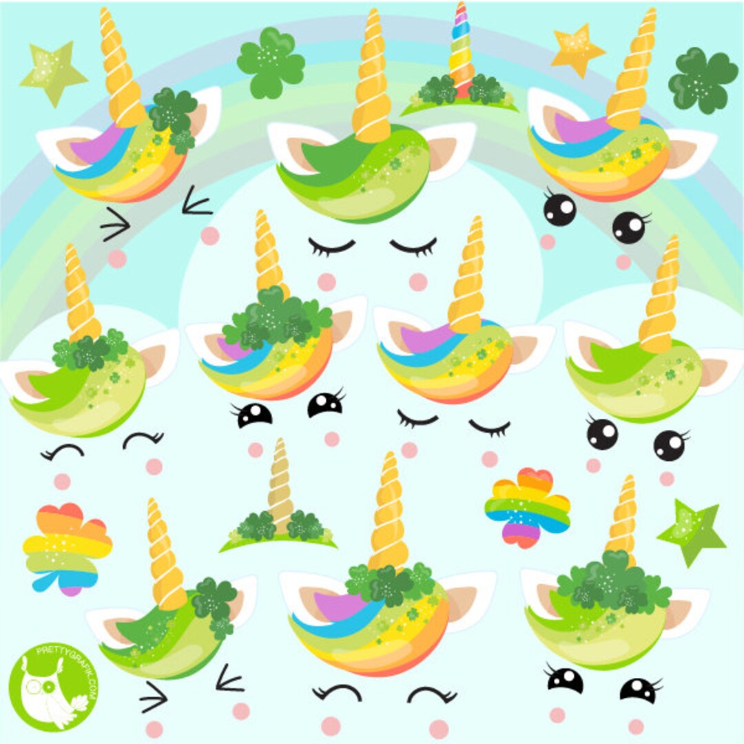 St-patrick's Kawaii Unicorn Faces Commercial Use, Vector Graphics ...