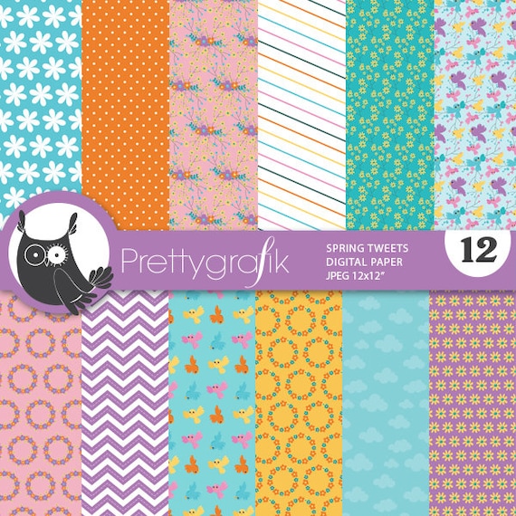 Spring birds digital paper, flowers digital patterns commercial use ...