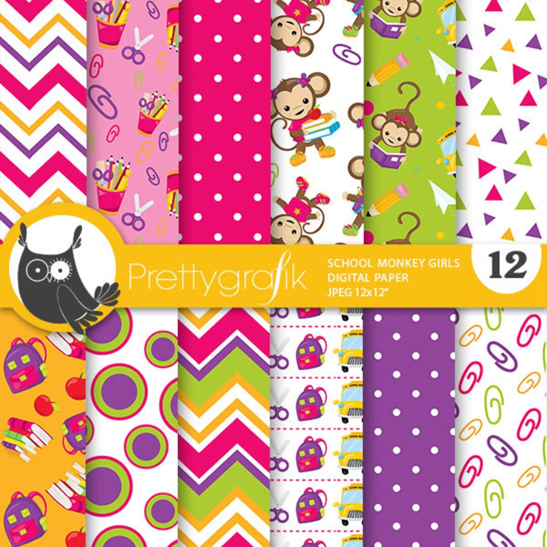 School Monkey Digital Paper, Commercial Use, Back to School Scrapbook ...