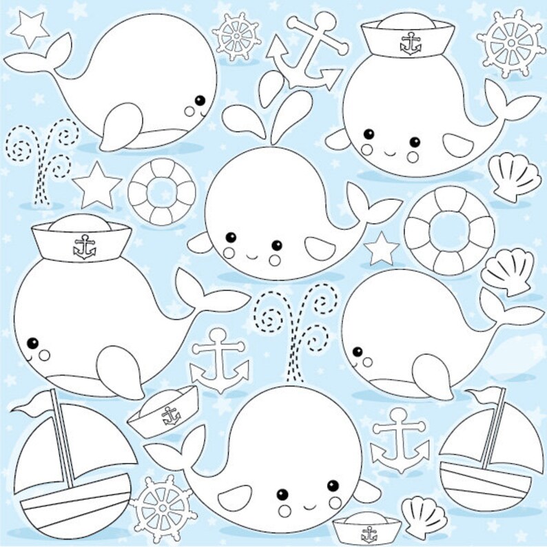 Nautical Whale Digital Stamps Commercial Use Nautical - Etsy