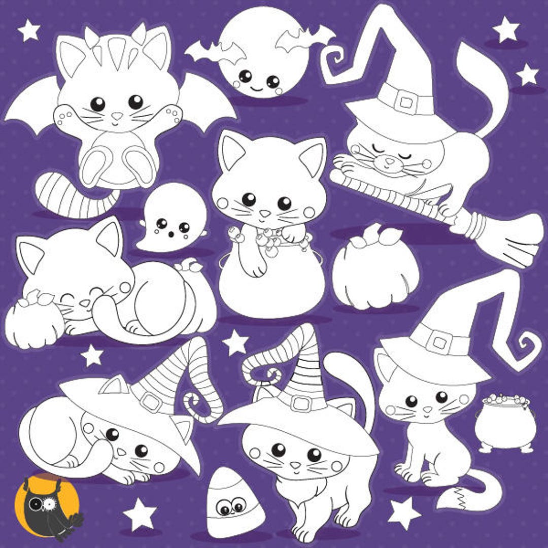 Halloween Kitties Digital Stamp Commercial Use, Black Lines, Vector ...