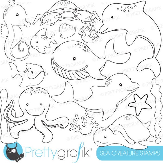 sea animals digital stamp commercial use, vector graphics, digital ...