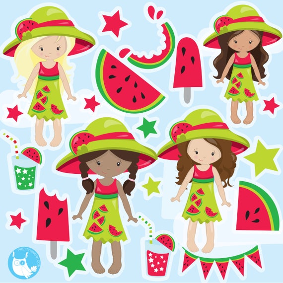 Watermelon Girls clipart commercial use, vector graphics, digital clip ...