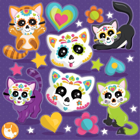 Sugar skull cats clipart commercial use, clipart vector graphics, dolls ...
