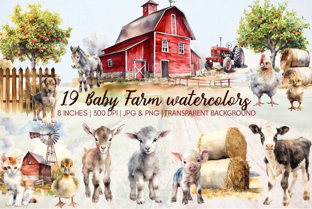 Farm Animals Clipart Watercolor, Png, Graphics, Printable, Commercial ...