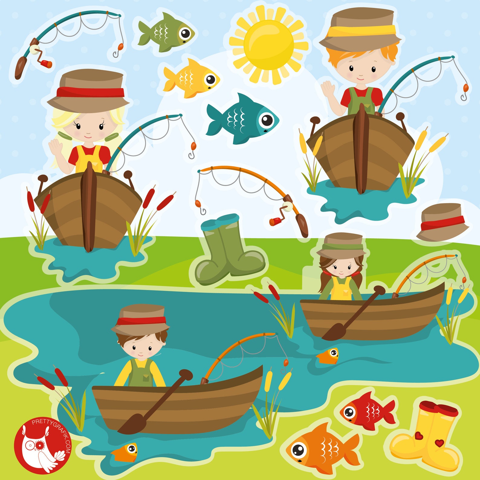 Kids Fishing Clipart Clipart Commercial Use Vector - Etsy