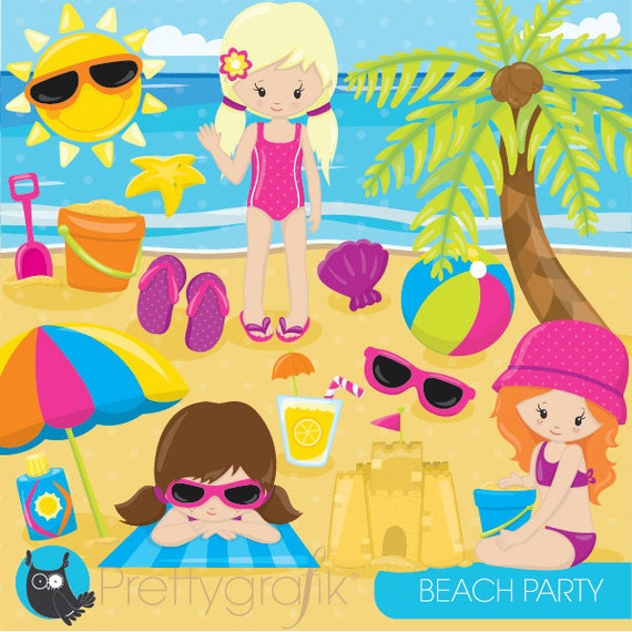 Beach party girls clipart commercial use, kids vector graphics ...