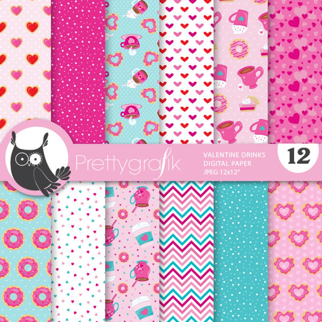 Valentine Drinks Digital Paper, Commercial Use, Scrapbook Patterns ...