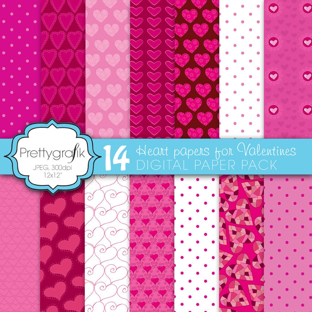 14 Valentine Heart Digital Paper, Commercial Use, Scrapbook Patterns ...