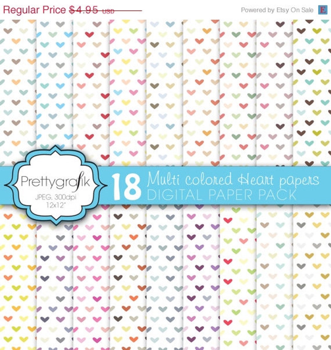 Multi Colored Heart Digital Paper, Commercial Use, Scrapbook Patterns ...