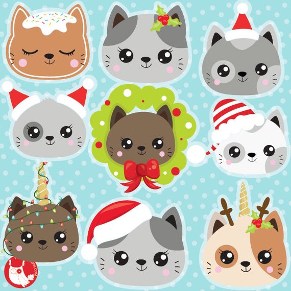 Christmas cat faces clipart commercial use, vector graphics, digital ...