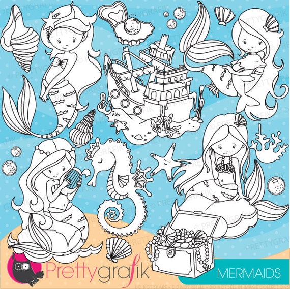 Mermaid digital stamp commercial use, digital stamp, digital images ...