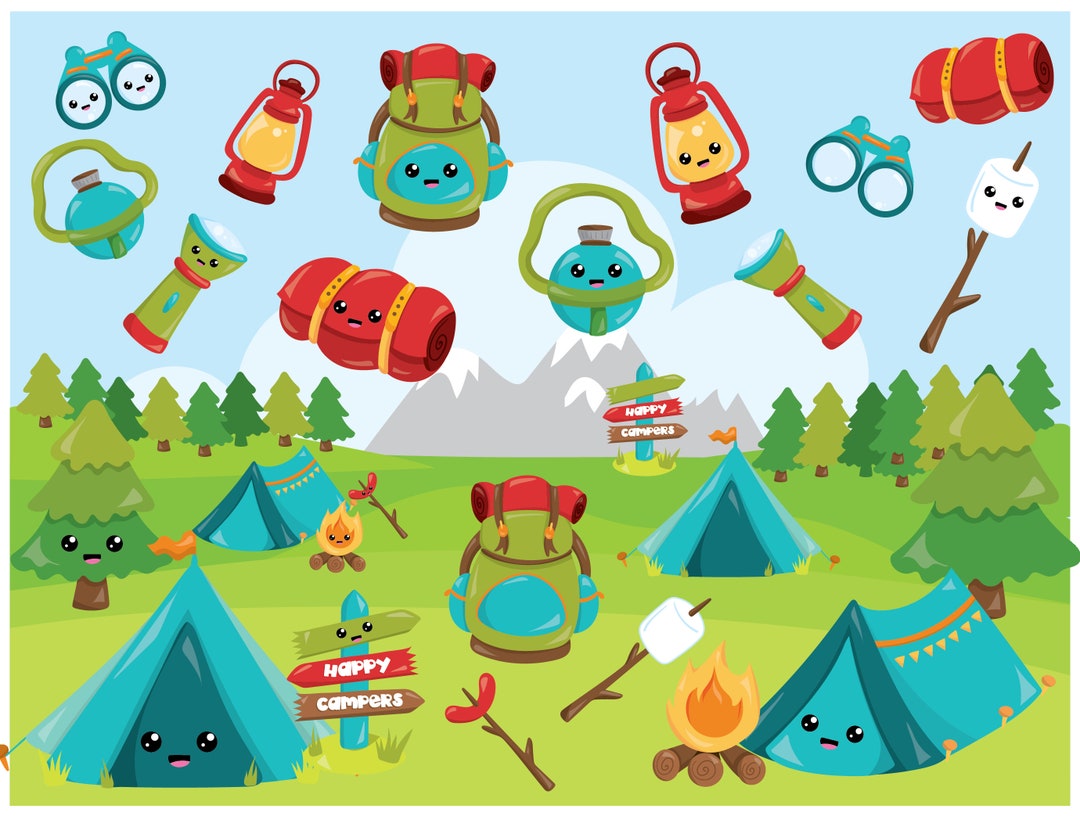 Camping Clipart Commercial Use, Camping Icons Vector Graphics, Kawaii ...