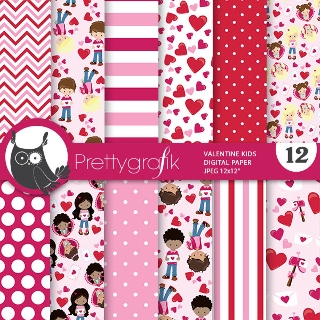 Valentine Kids Digital Paper, Commercial Use, Valentine Scrapbook ...