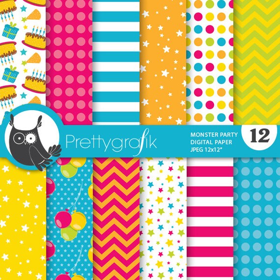 Monster birthday party digital paper, commercial use, scrapbook ...