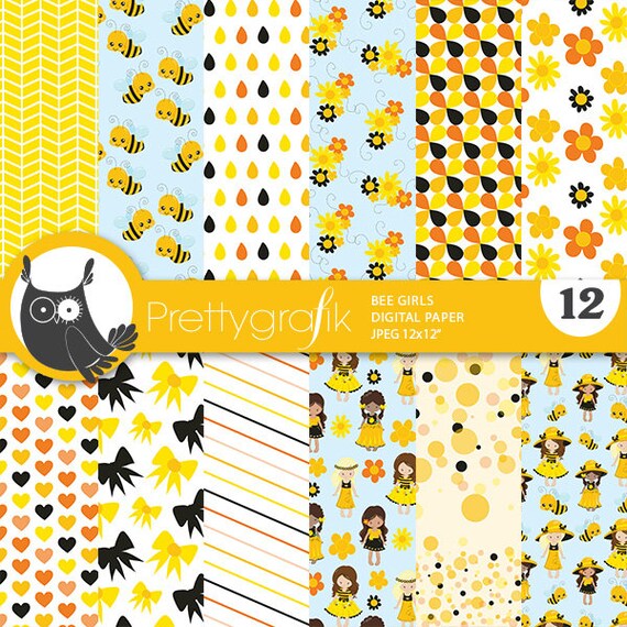 Bee Girls digital patterns, scrapbook papers commercial use, bumble bee ...