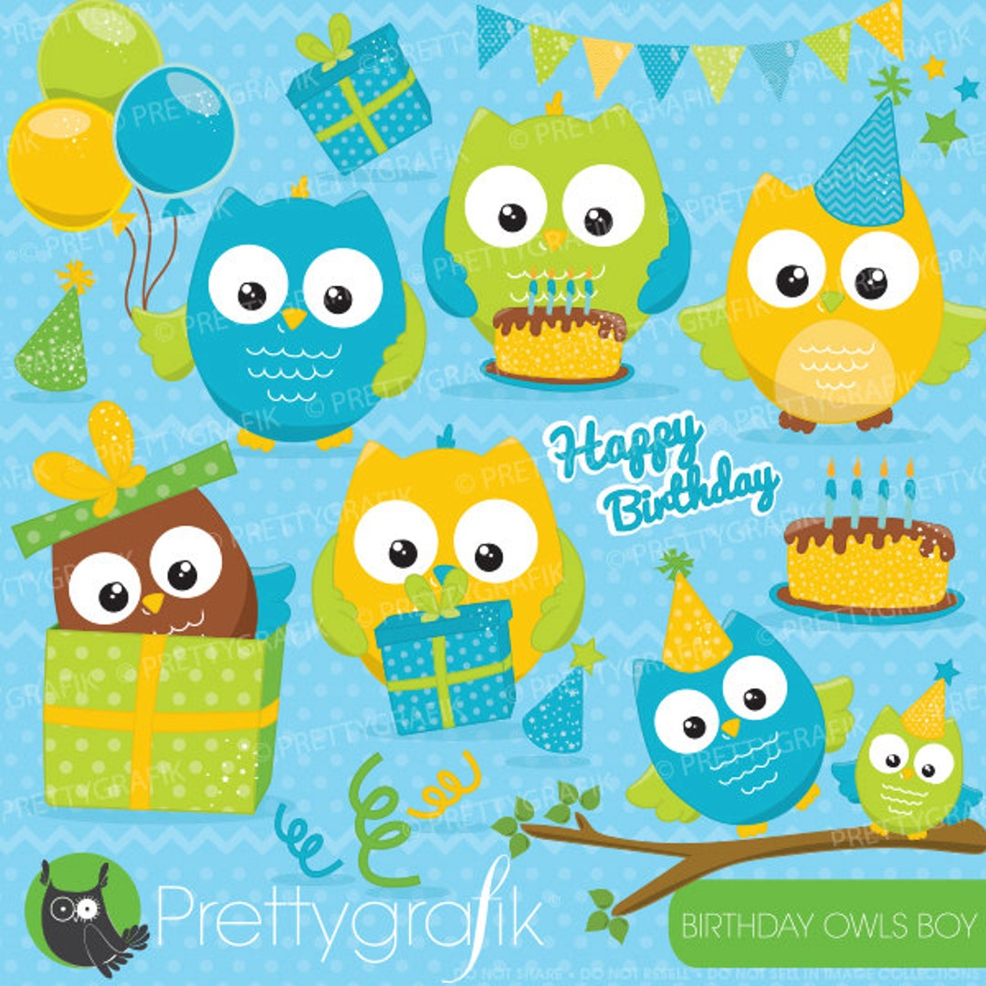 Birthday Owls Boys, Clipart Commercial Use, Vector Graphics, Digital ...