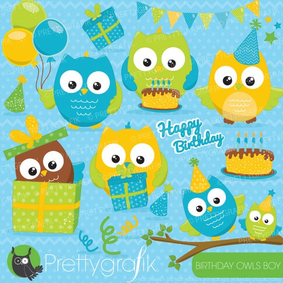 Birthday owls boys, clipart commercial use, vector graphics, digital ...
