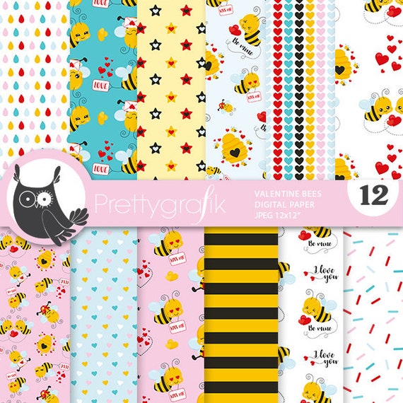 Bee Valentine's Day digital paper, commercial use, scrapbook patterns ...