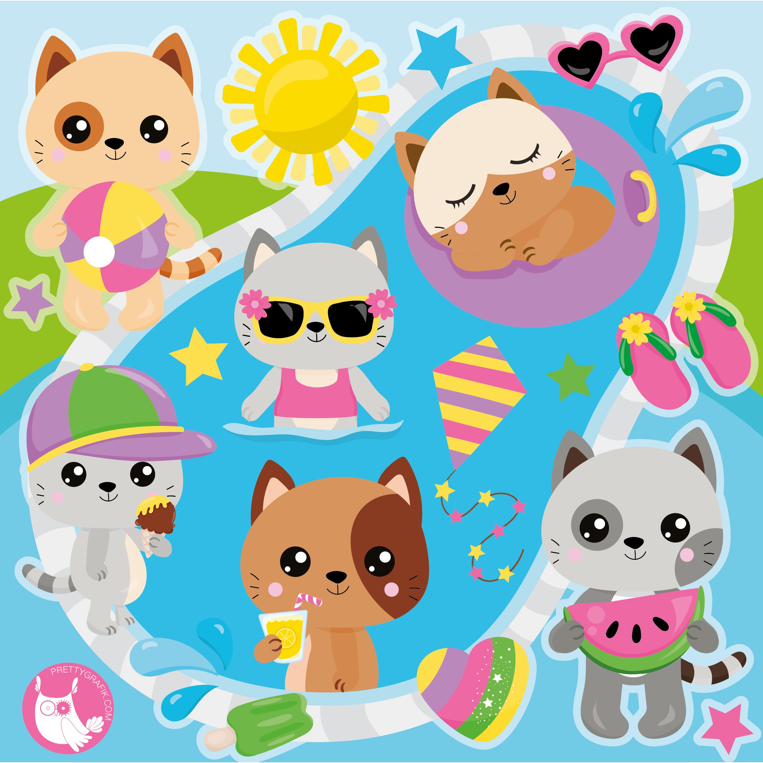 Summer Cat Clipart Clipart Commercial Use Vector Graphics - Etsy