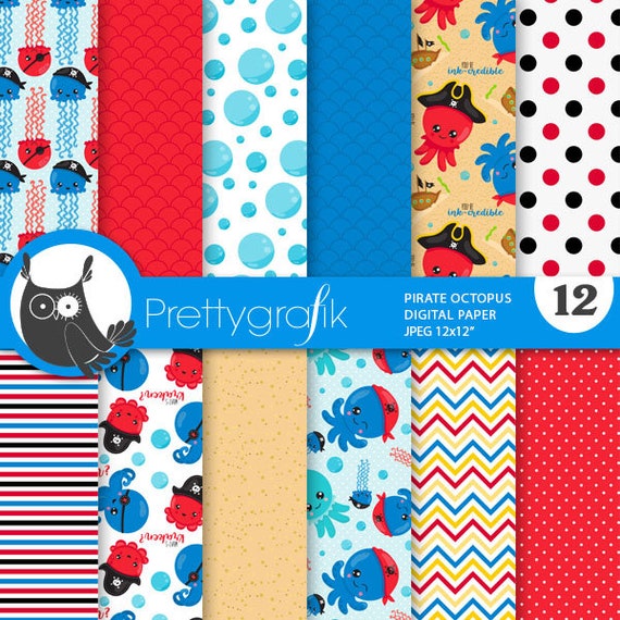 Pirate paper digital patterns, octopus commercial use, pirate scrapbook ...