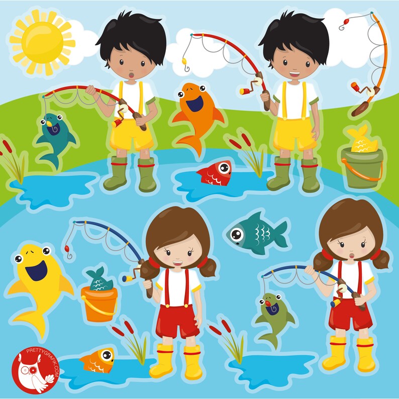 Kids Fishing Clipart Clipart Commercial Use Vector Graphics - Etsy