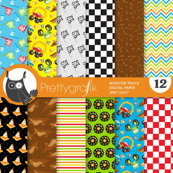 Monster truck digital paper, commercial use, scrapbook patterns ...