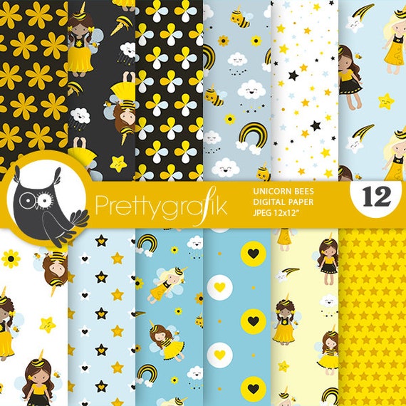 Unicorn Bees, patterns, commercial use, scrapbook papers, background ...